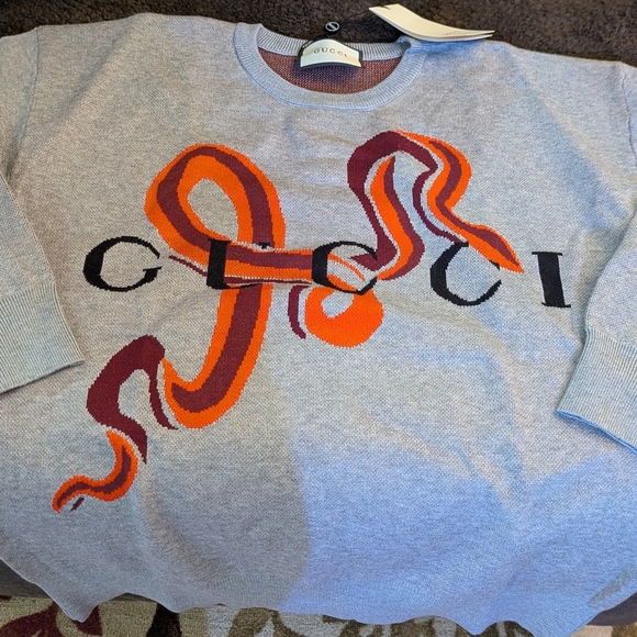 Gucci | Sweaters | Gucci Gray Sweater With Orange And Red Design | Poshmark